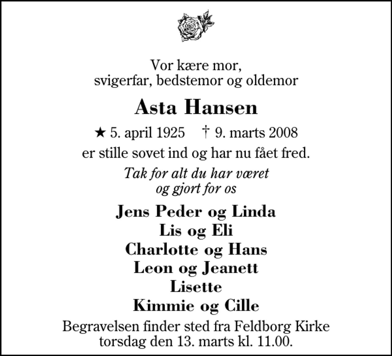 Asta Hansen | Danmarks største medie for mindesider og dødsannoncer