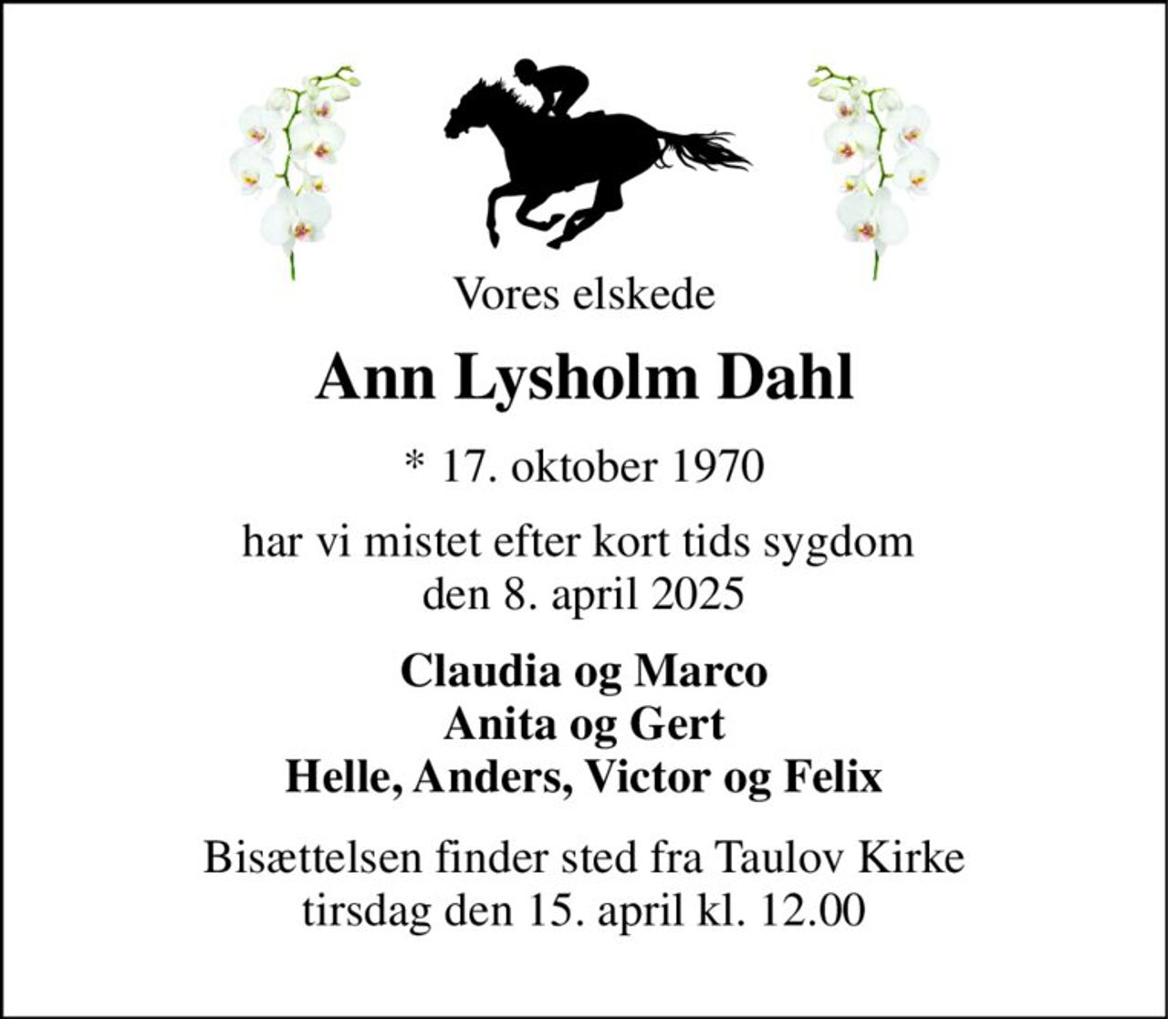 Ann Lysholm Dahl | Dødsannoncer i Danmark