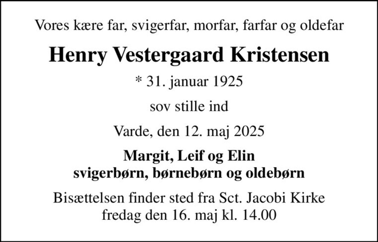 Henry Vestergaard Kristensen | Dødsannoncer i Danmark