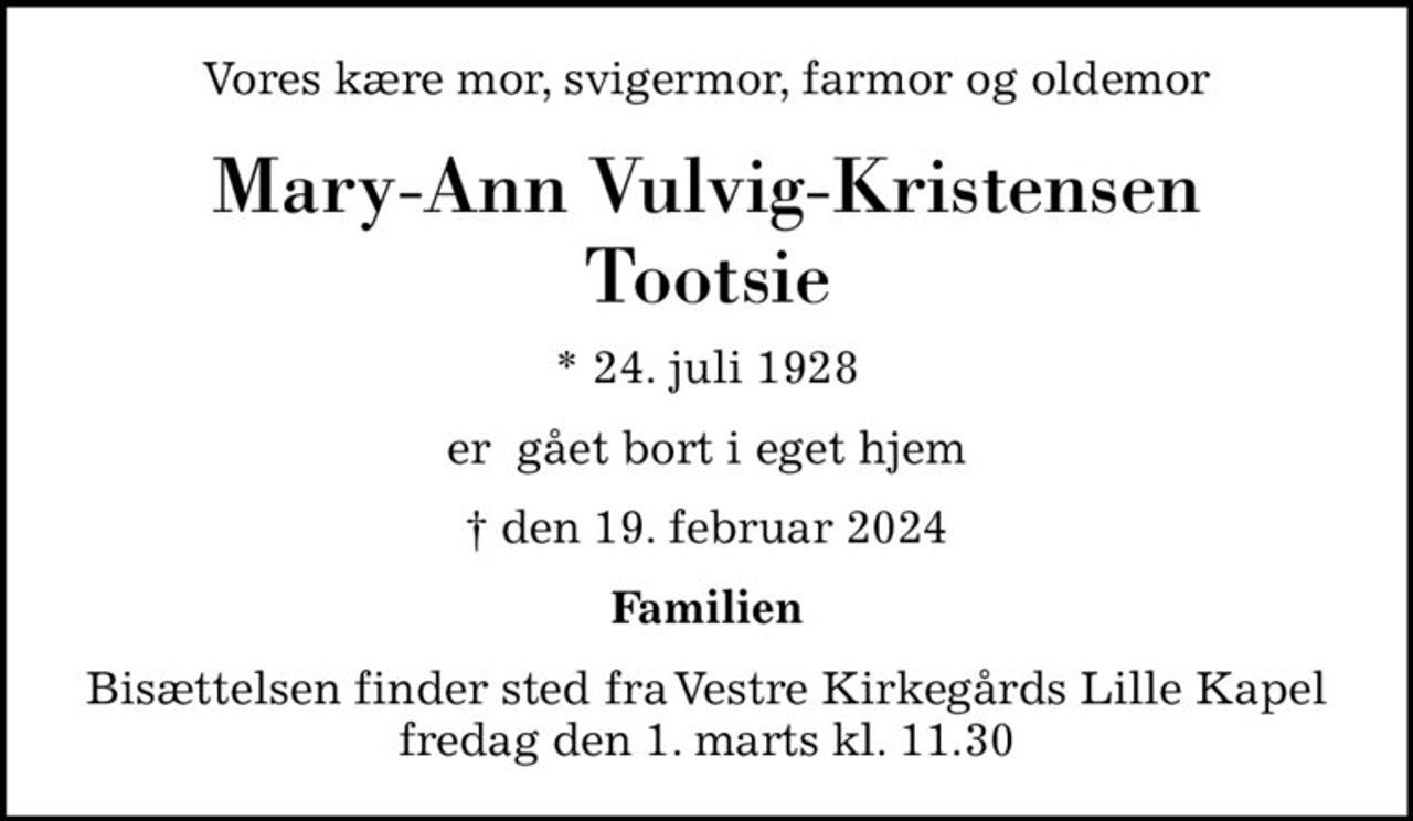 Mary-Anne Vulvig-Kristensen | Dødsannoncer i Danmark