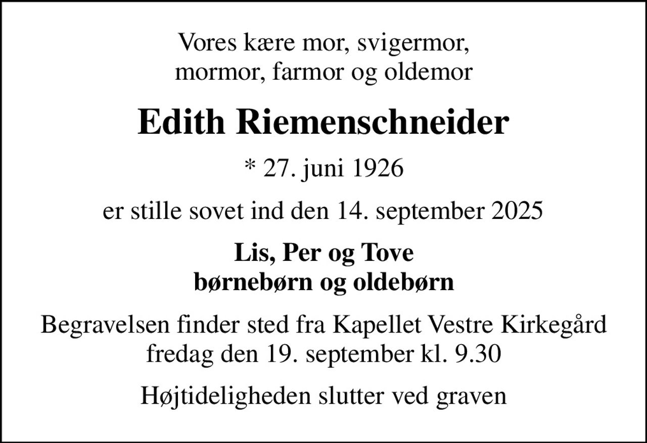 Edith Riemenschneider | Dødsannoncer i Danmark