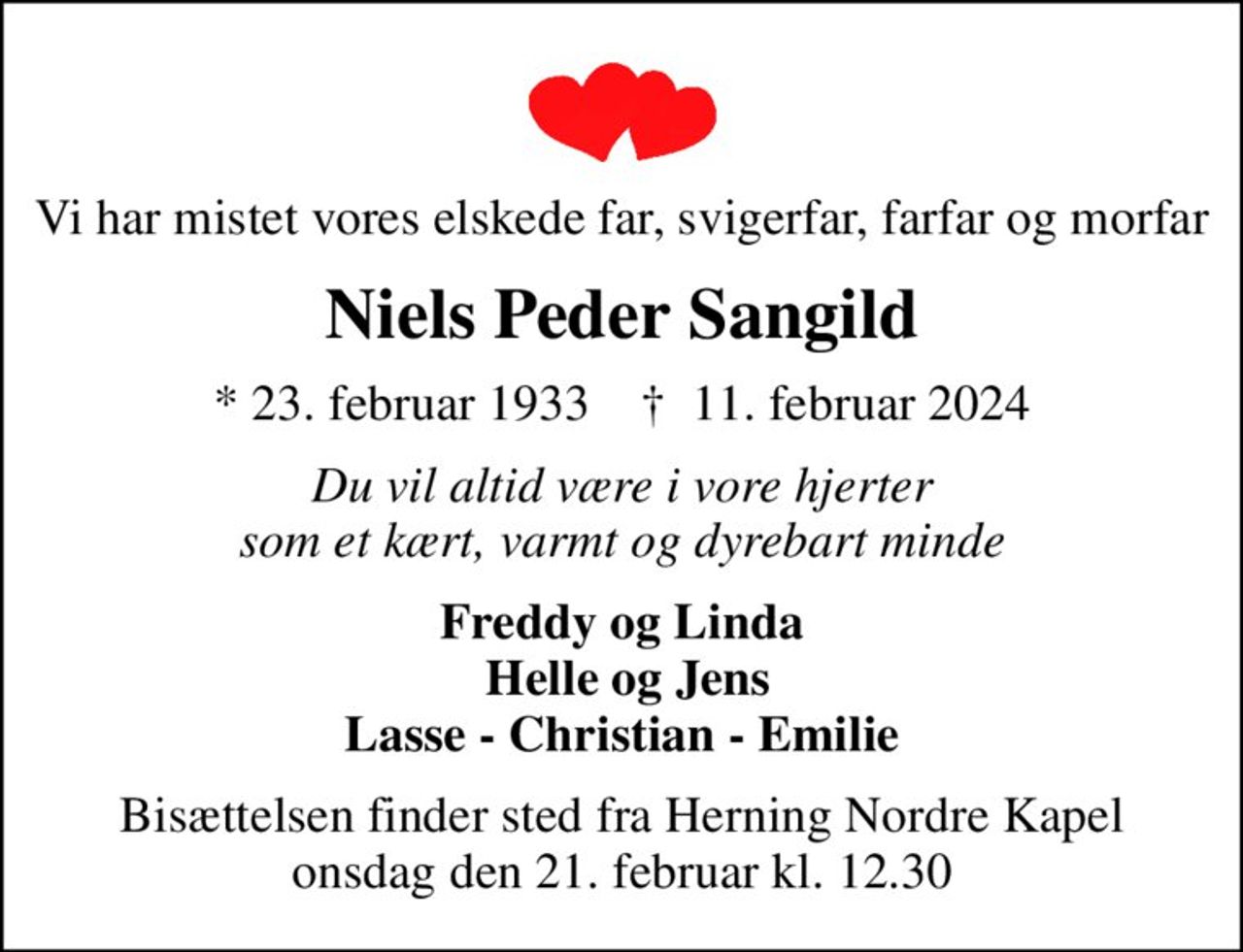 Niels Peder Sangild | Danmarks største medie for mindesider og dødsannoncer