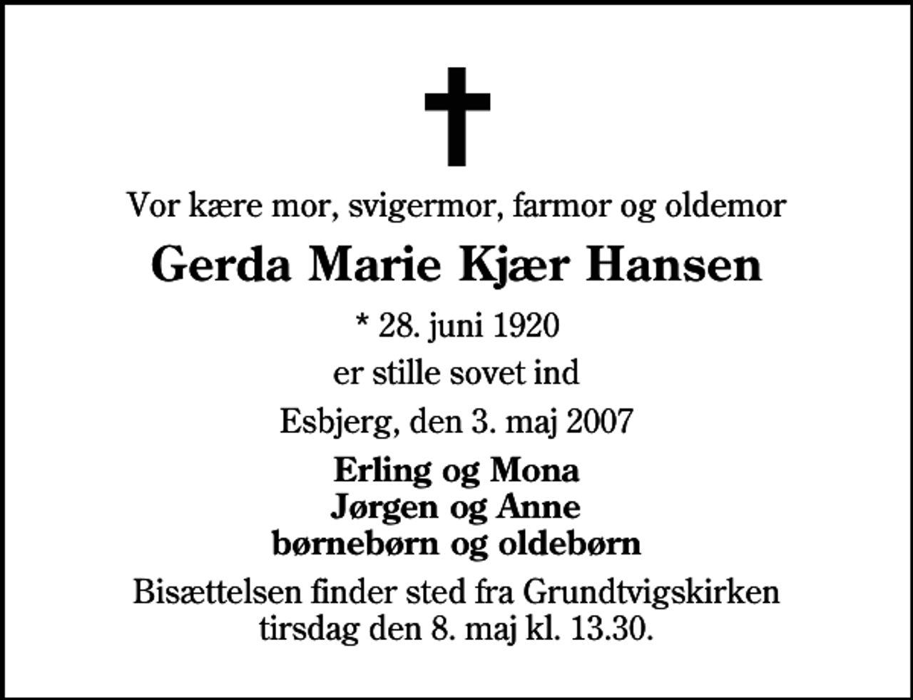 Gerda Marie Kjær Hansen | Dødsannoncer i Danmark