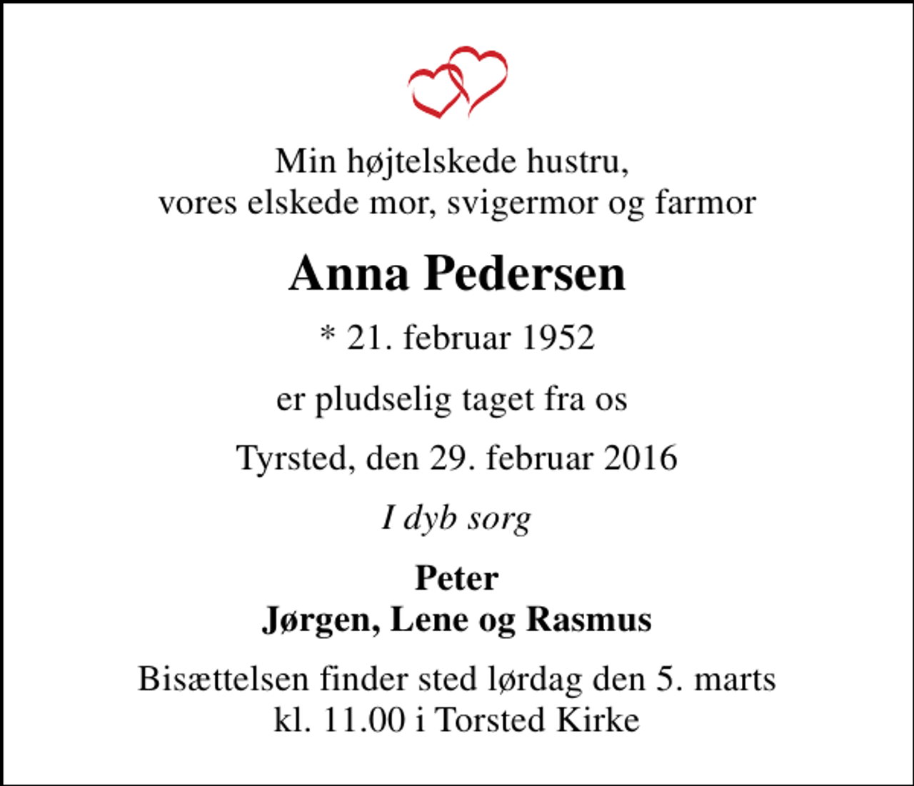 Anna Pedersen | Danmarks største medie for mindesider og dødsannoncer