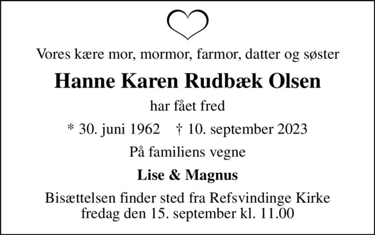 Hanne Karen Rudbæk Olsen | Danmarks største medie for mindesider og ...