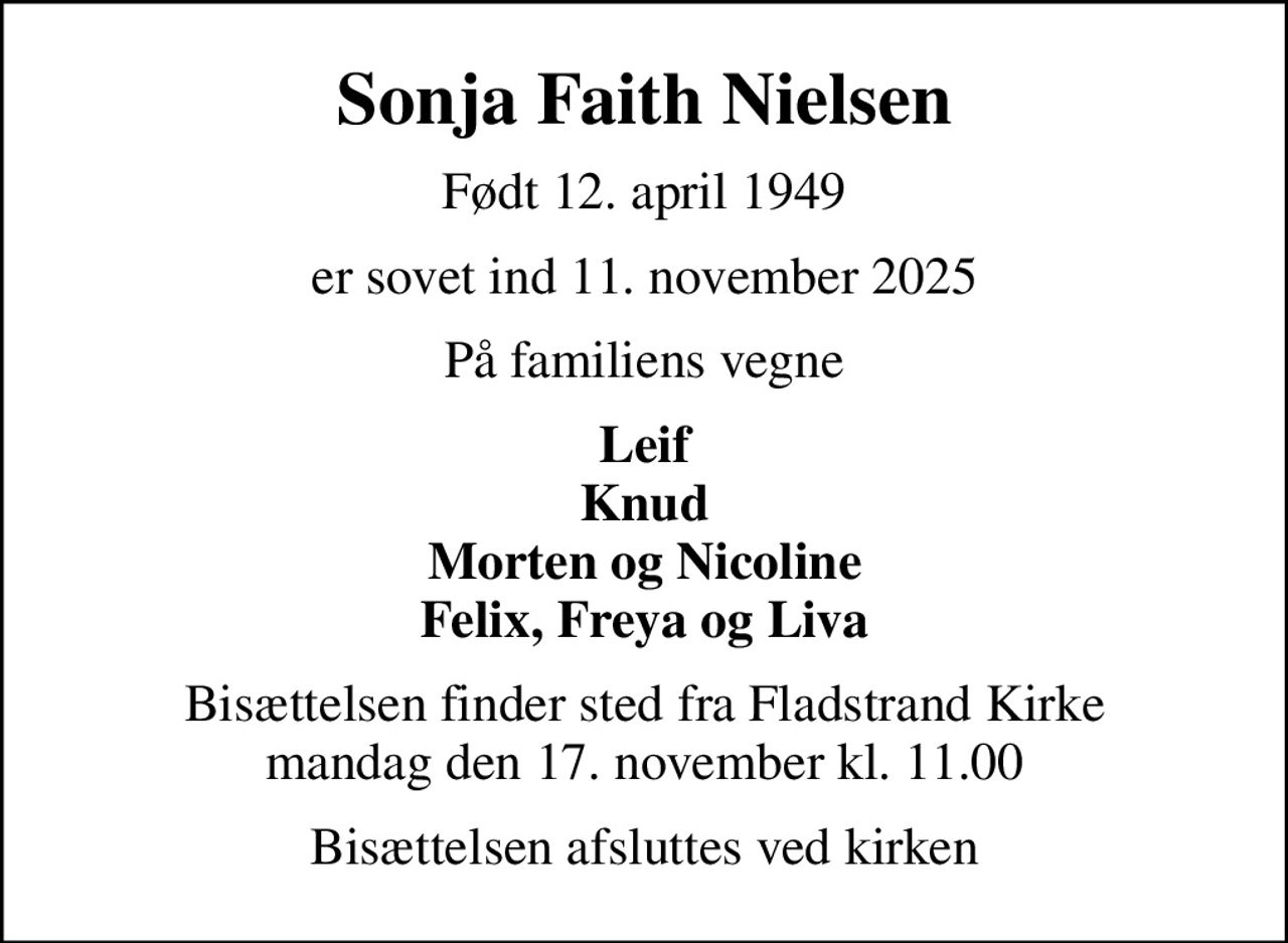 Sonja Faith Nielsen | Danmarks største medie for mindesider og dødsannoncer