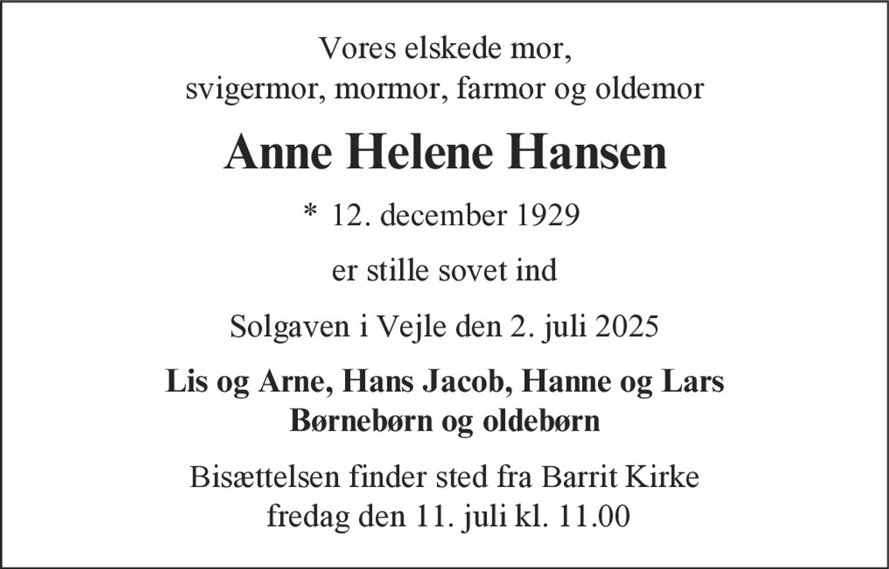 Anne Helene Hansen | Danmarks største medie for mindesider og dødsannoncer