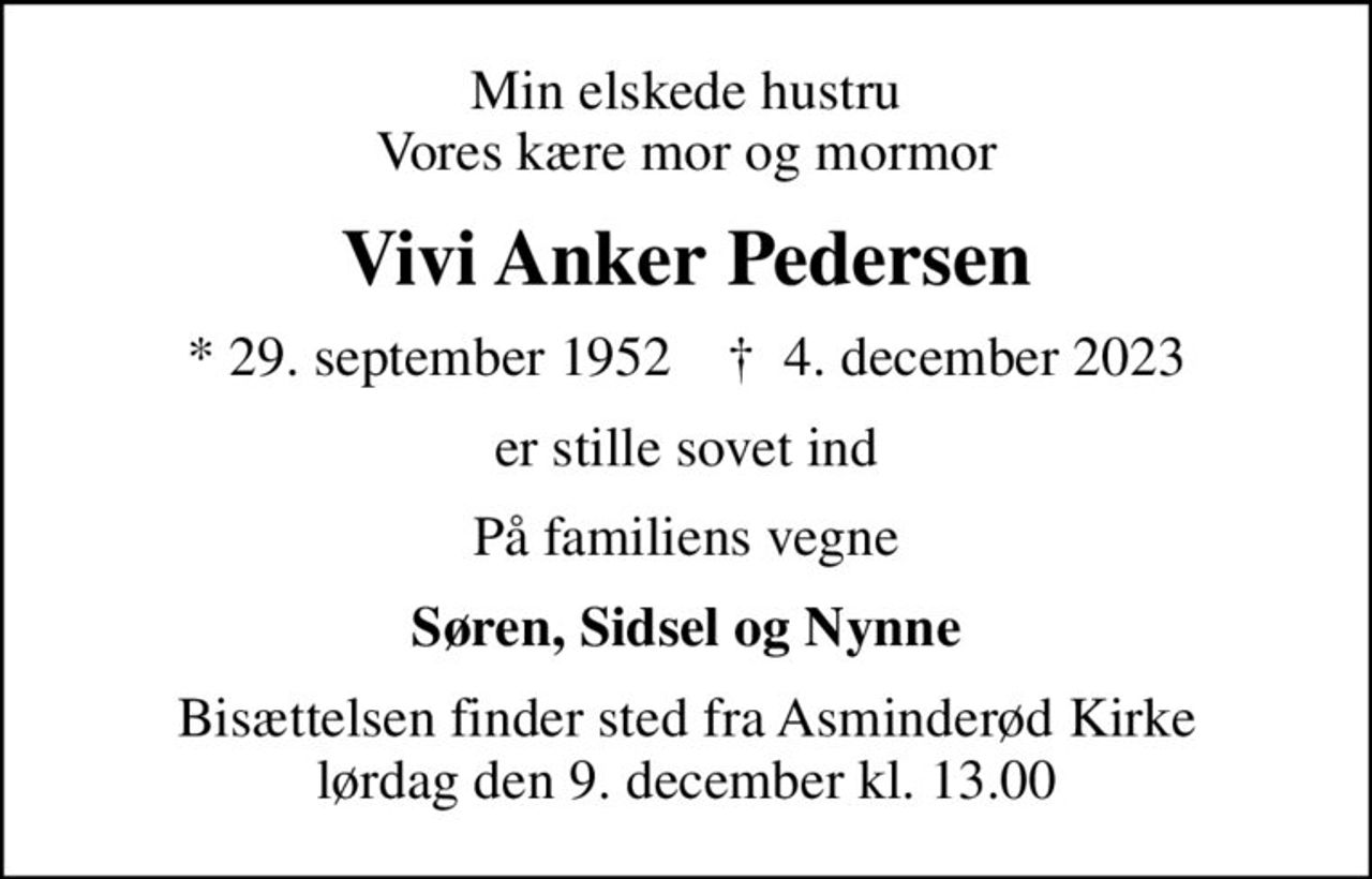 Vivi Anker Pedersen | Dødsannoncer i Danmark