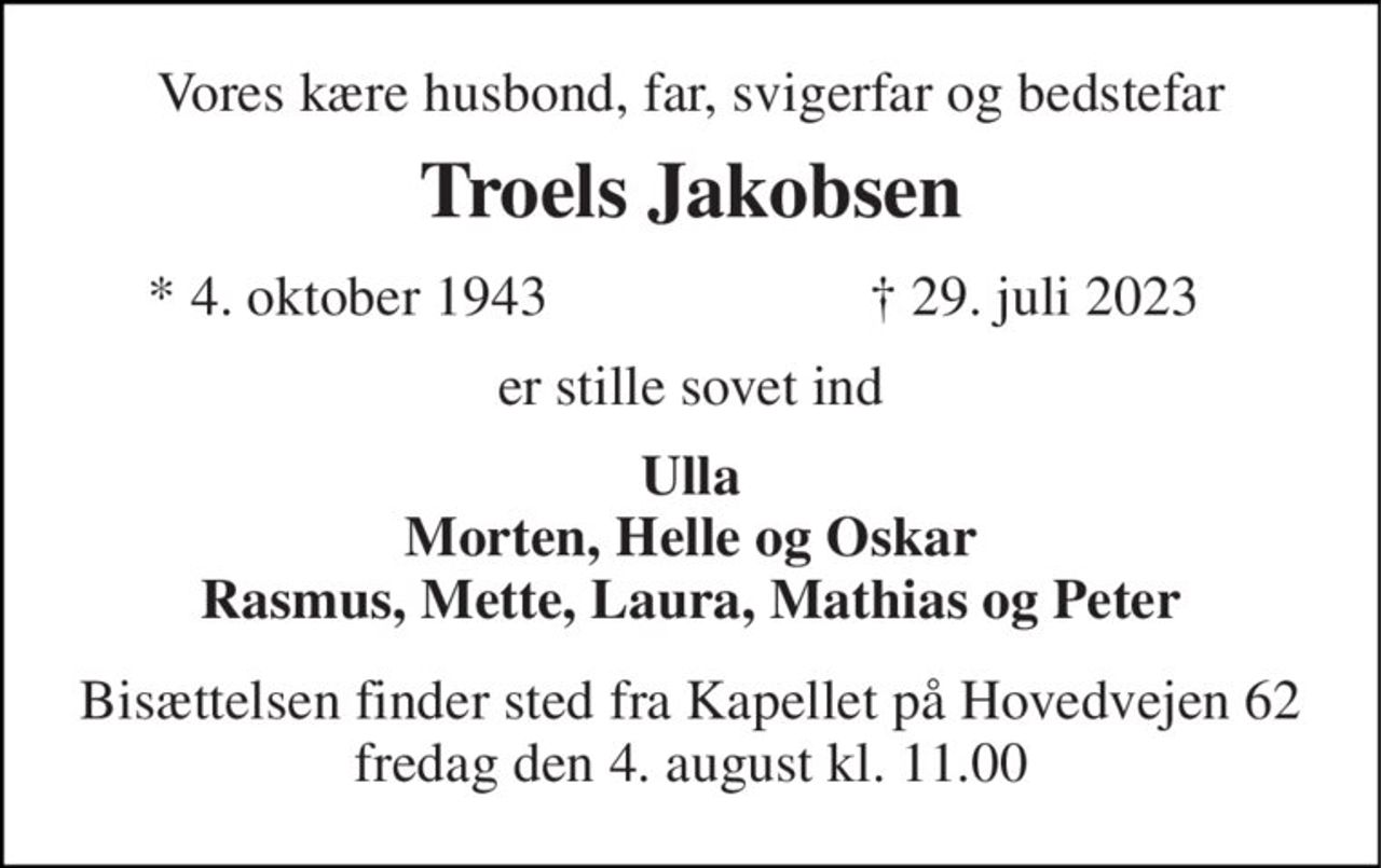 Troels Jakobsen | Dødsannoncer i Danmark