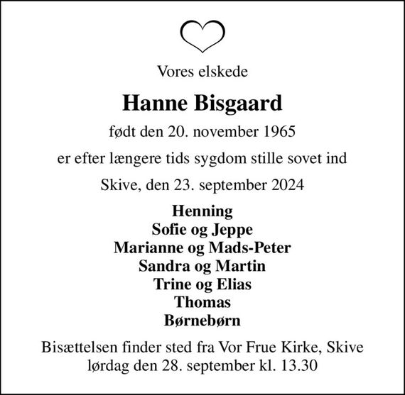 Hanne Bisgaard | Dødsannoncer i Danmark