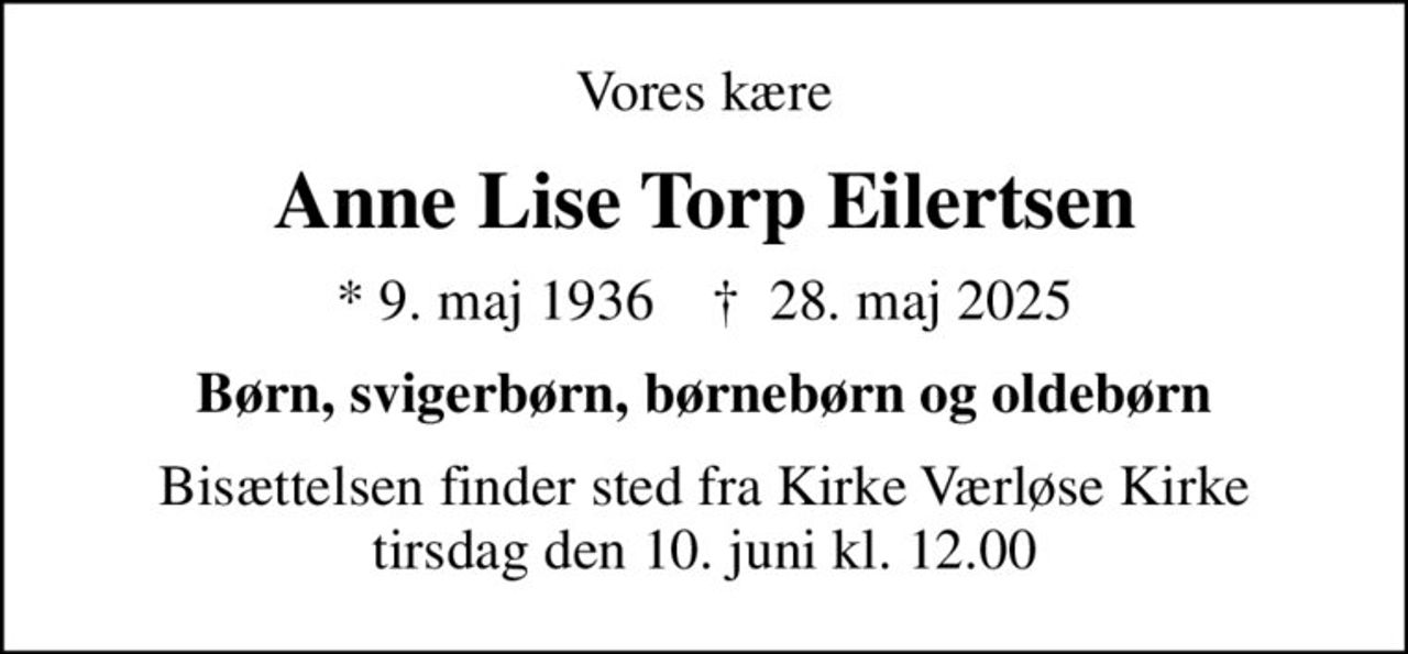 Anne Lise Torp Eilertsen | Dødsannoncer i Danmark