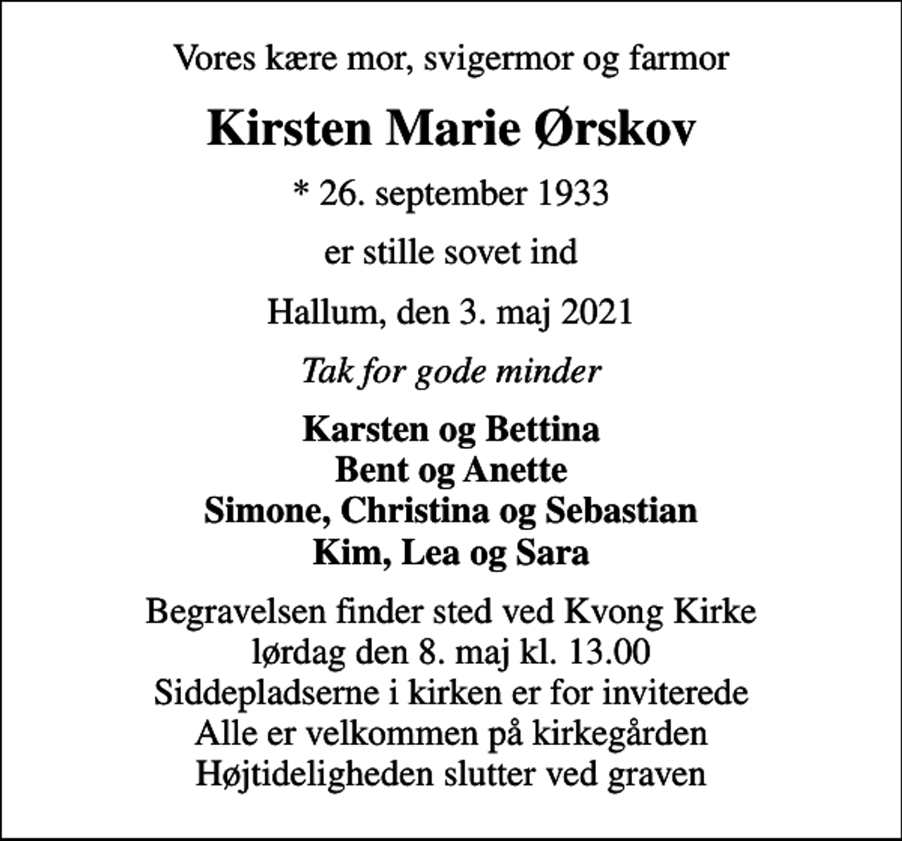 Kirsten Marie Ørskov | Dødsannoncer i Danmark