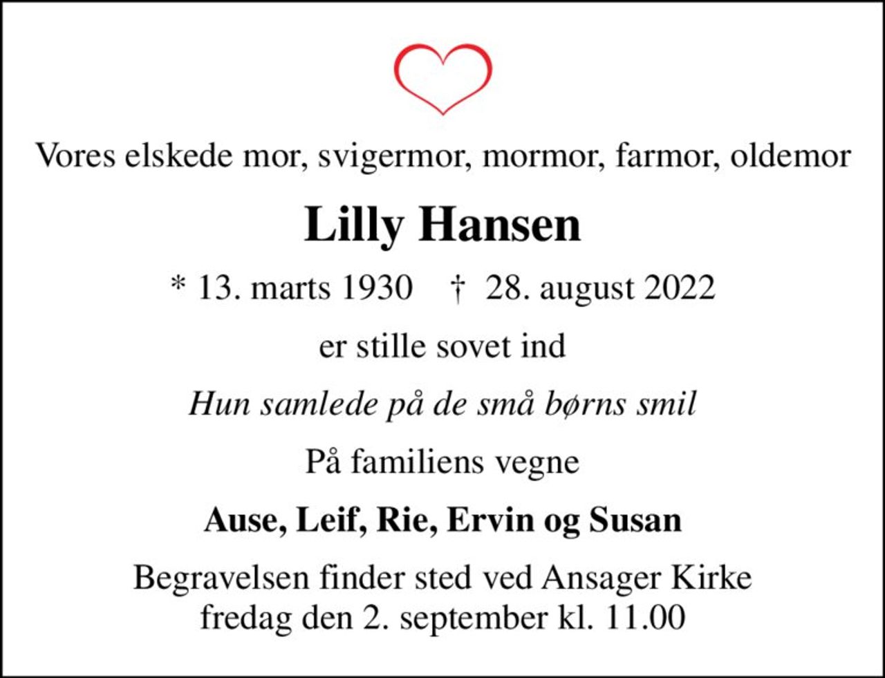 Lilly Hansen | Dødsannoncer i Danmark