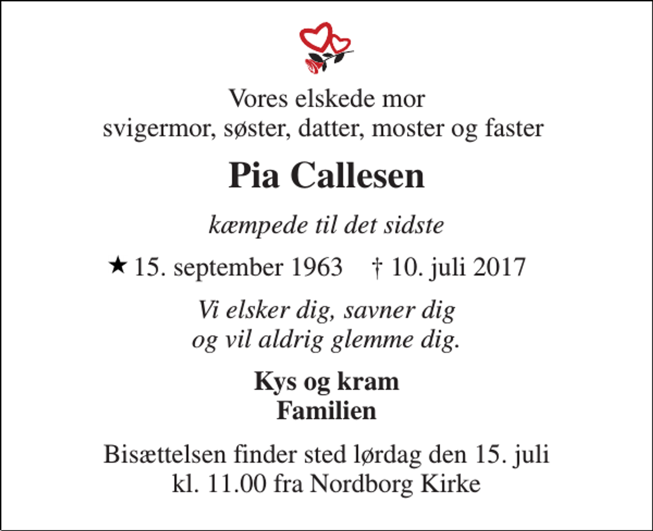 Pia Callesen | Danmarks største medie for mindesider og dødsannoncer