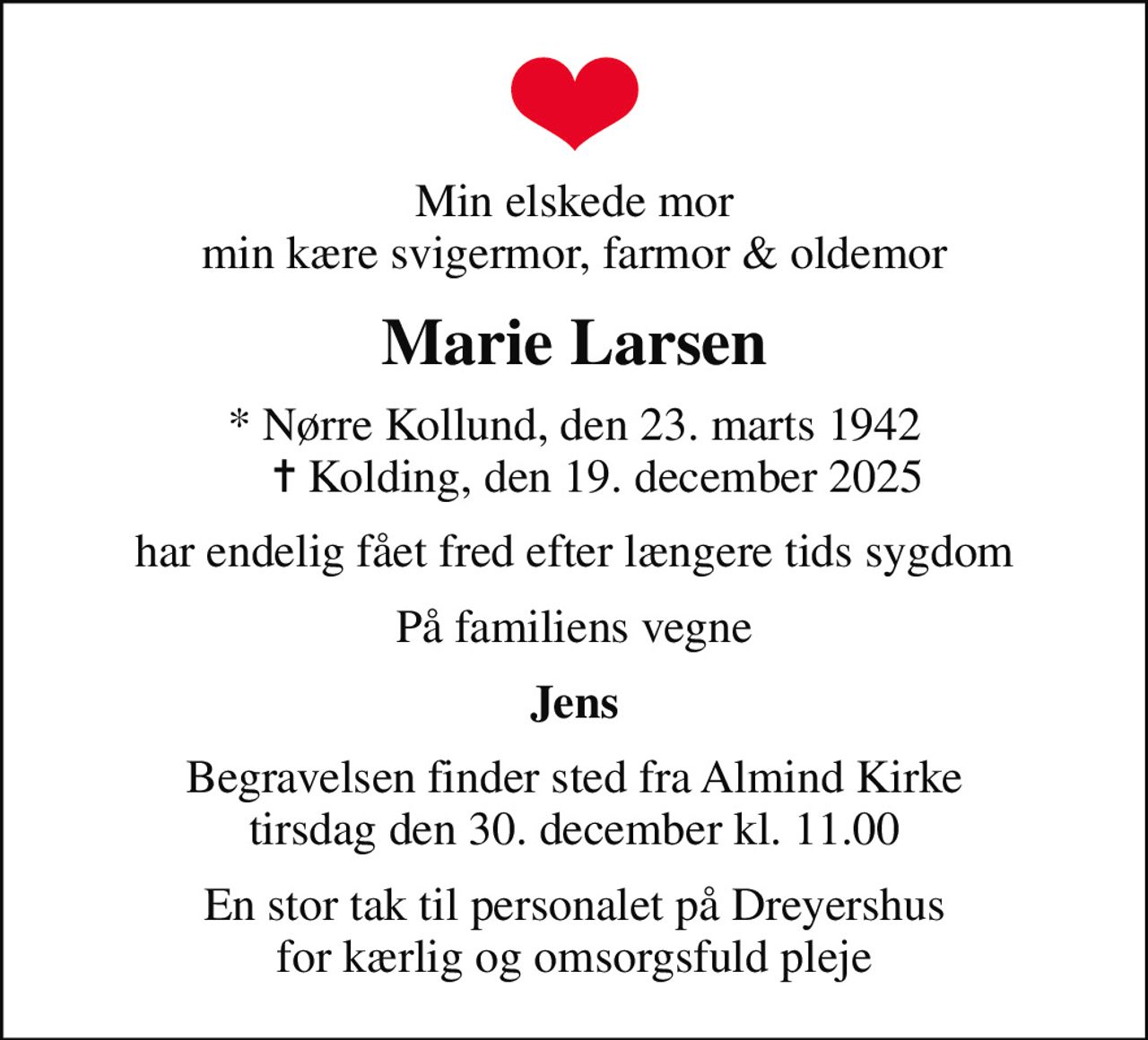 Marie Larsen | Danmarks største medie for mindesider og dødsannoncer
