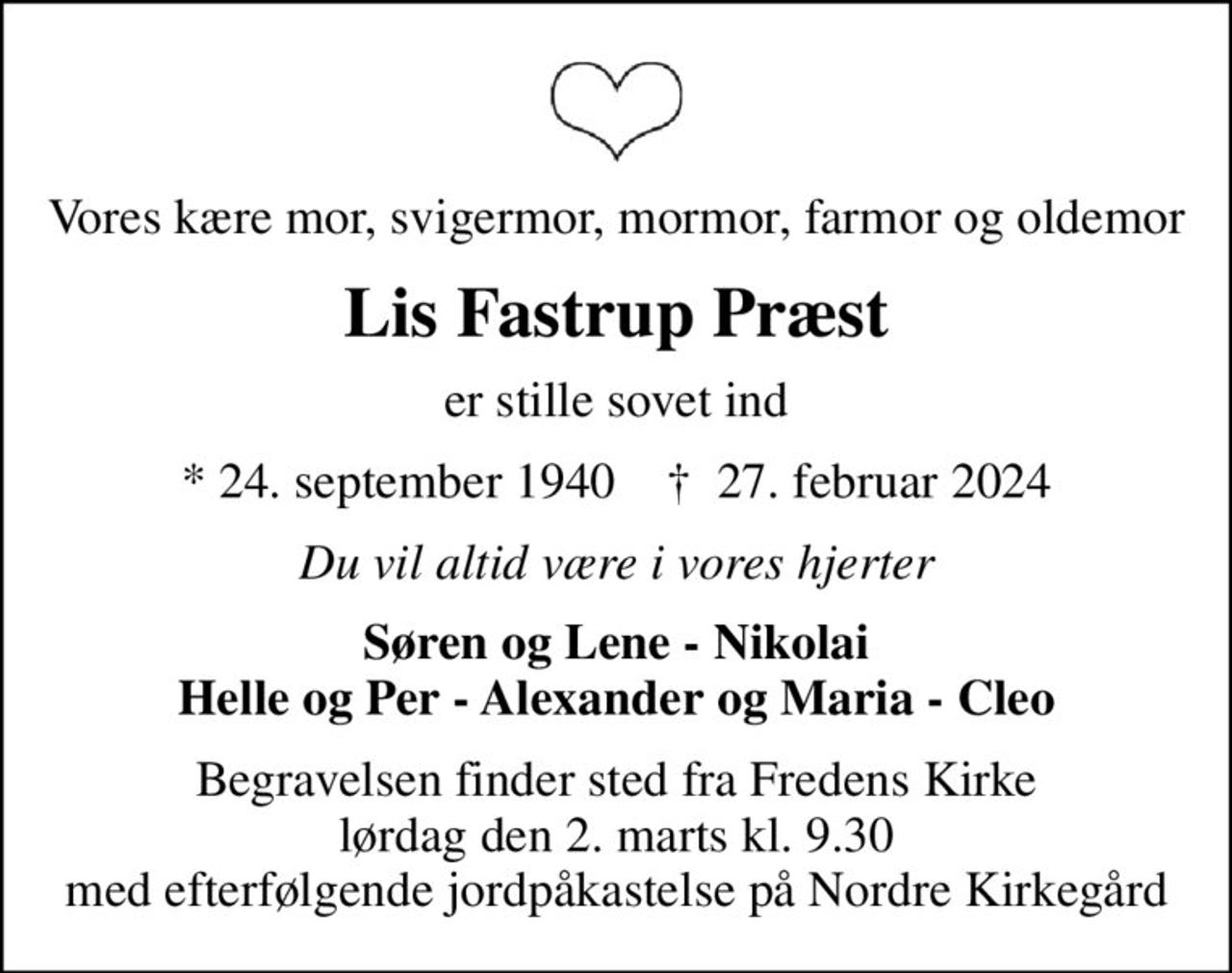 Lis Fastrup Præst | Danmarks største medie for mindesider og dødsannoncer