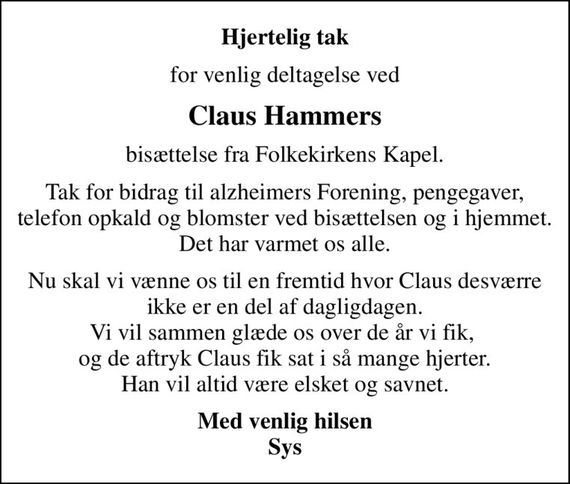 Claus Hammer | Dødsannoncer i Danmark