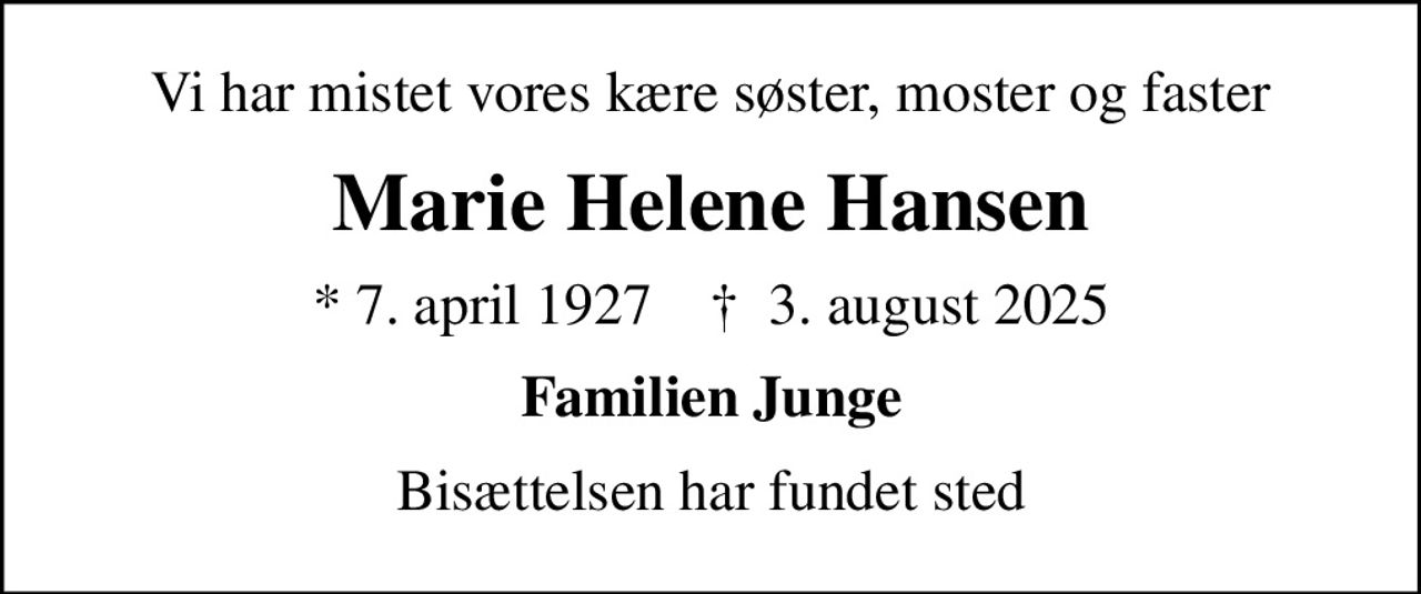 Marie Helene Hansen | Danmarks største medie for mindesider og dødsannoncer