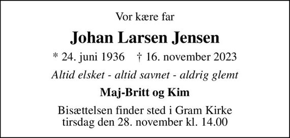 Johan Larsen Jensen | Dødsannoncer i Danmark