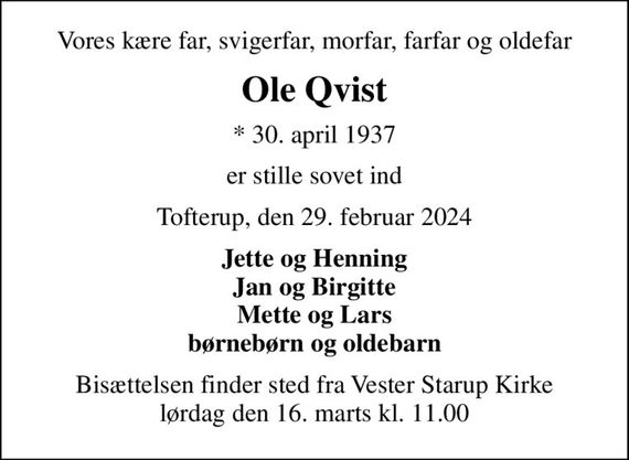 Ole Qvist | Dødsannoncer i Danmark