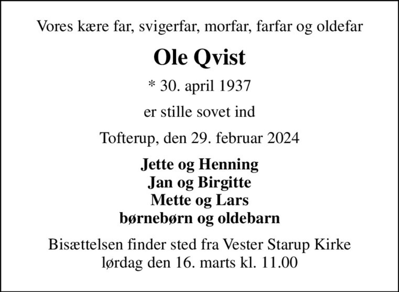 Ole Qvist | Danmarks største medie for mindesider og dødsannoncer