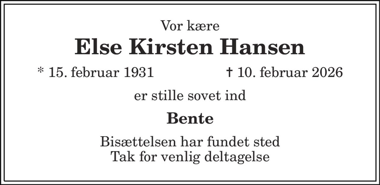 Else Kirsten Hansen | Danmarks største medie for mindesider og dødsannoncer