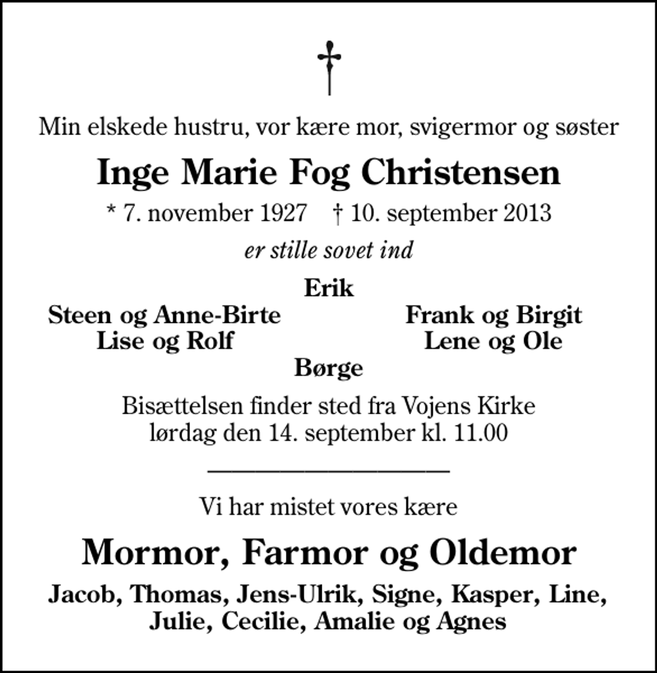 Inge Marie Fog Christensen | Dødsannoncer i Danmark