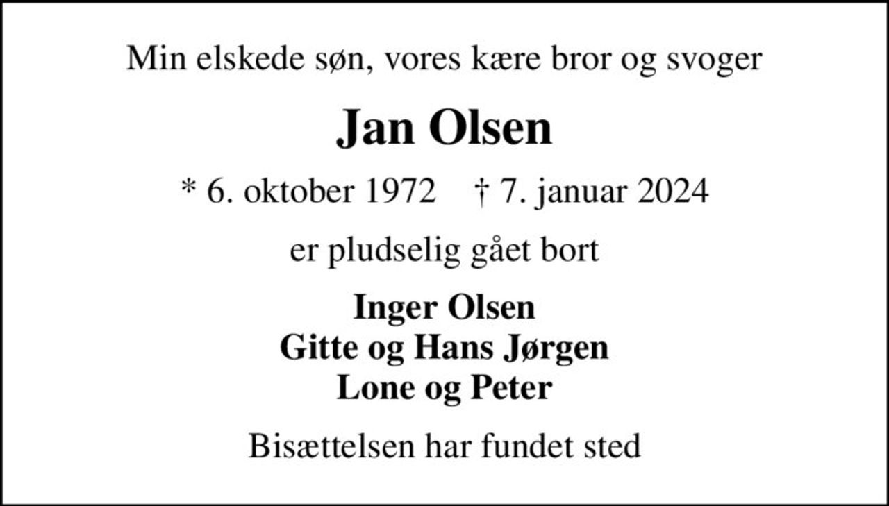 Jan Olsen | Dødsannoncer i Danmark