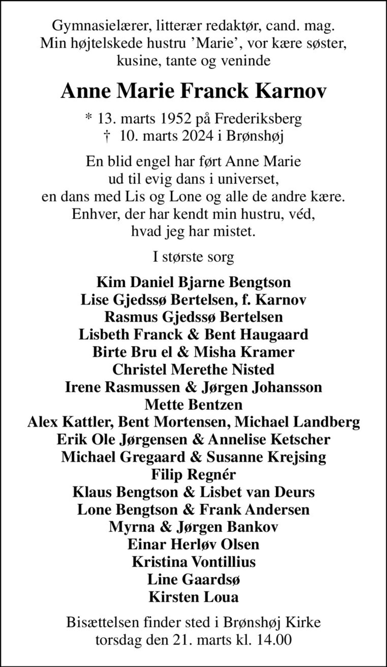 Anne Marie Franck Karnov | Dødsannoncer i Danmark