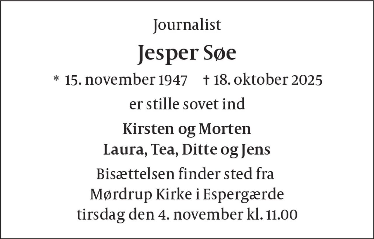 Jesper Sø | Danmarks største medie for mindesider og dødsannoncer