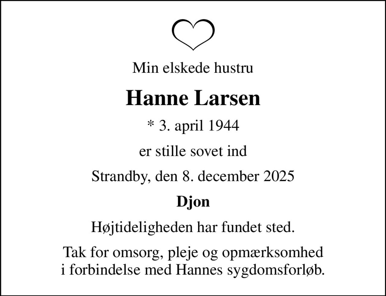 Hanne Larsen | Danmarks største medie for mindesider og dødsannoncer