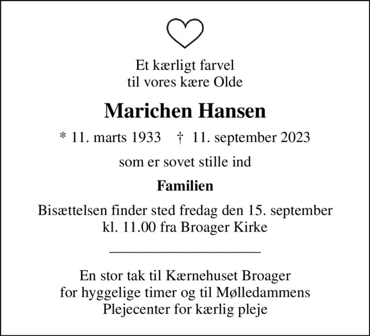 Marichen Hansen | Dødsannoncer i Danmark