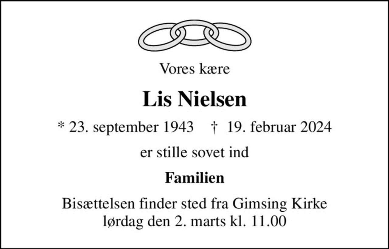 Lis Nielsen | Dødsannoncer i Danmark