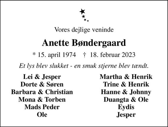 Anette Bøndergaard | Dødsannoncer i Danmark