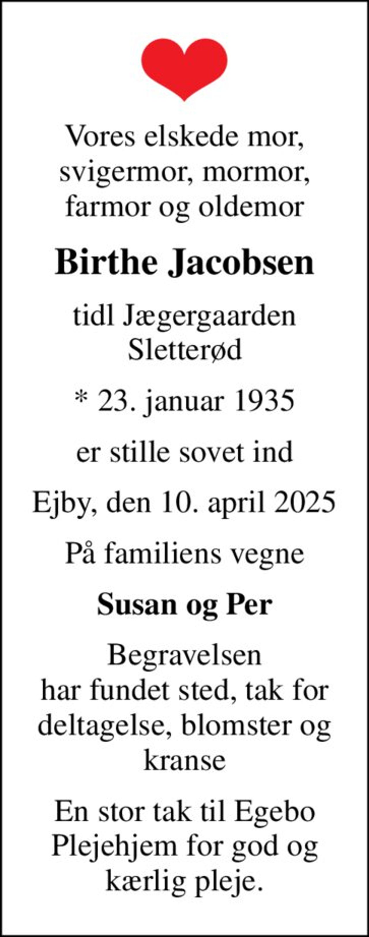 Birthe Jacobsen | Dødsannoncer i Danmark