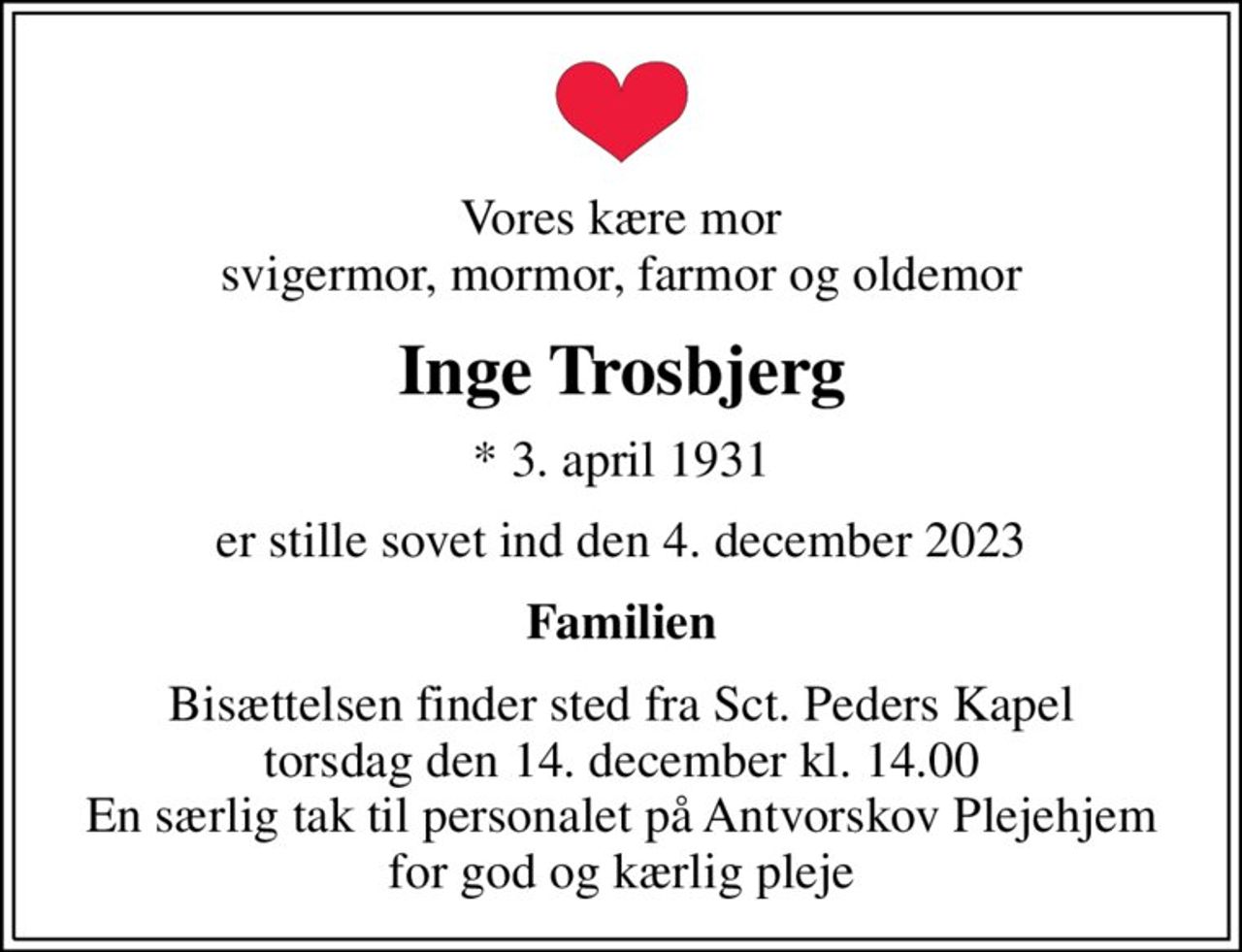 Inge Kirstine Johanne Trosbjerg | Danmarks største medie for mindesider ...