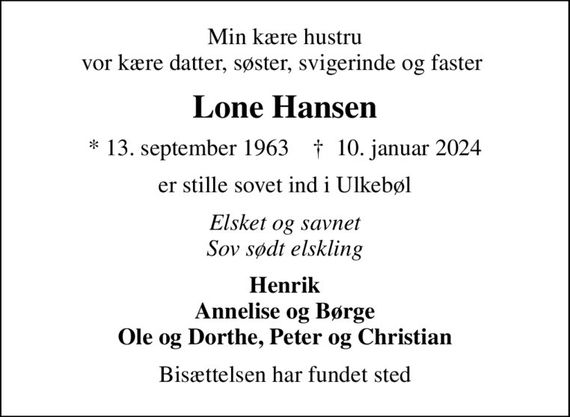 Lone Hansen | Dødsannoncer i Danmark