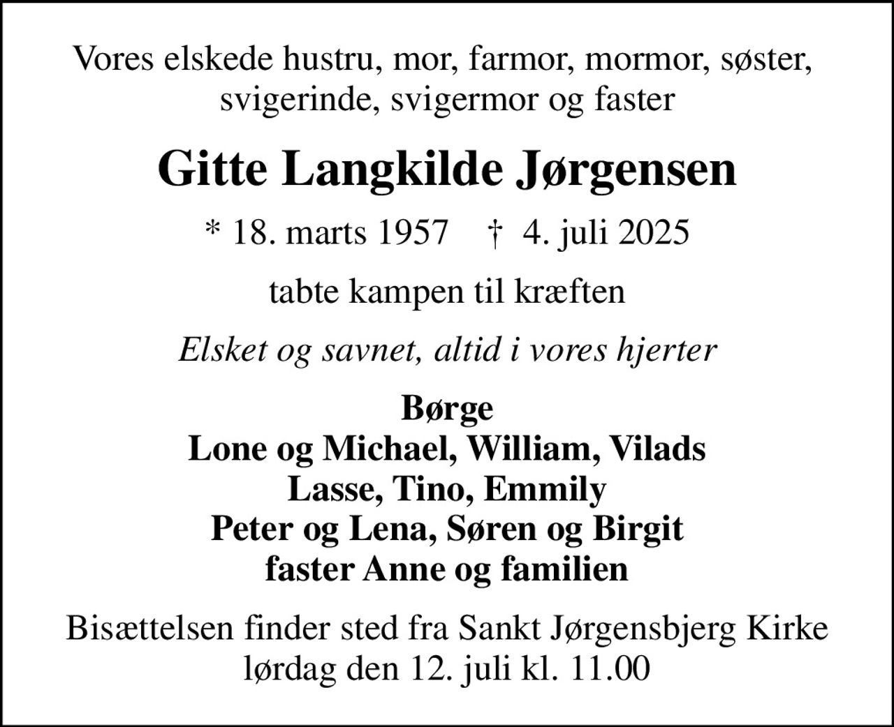 Birgitte Langkilde Jørgensen | Dødsannoncer i Danmark