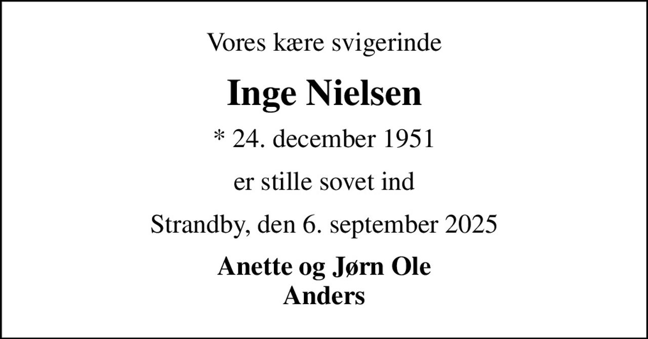 Inge Nielsen | Dødsannoncer i Danmark