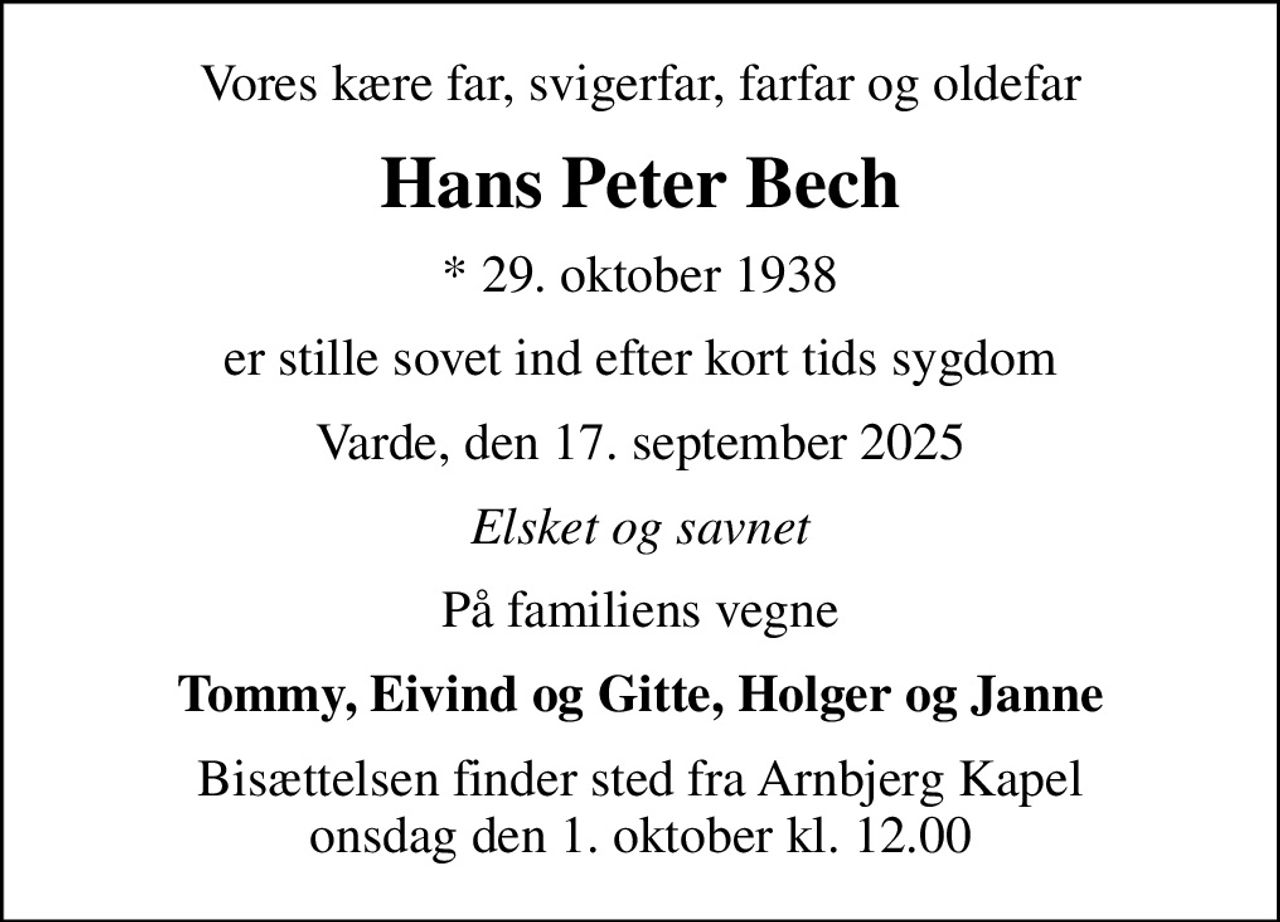 Hans Peter Bech | Dødsannoncer i Danmark