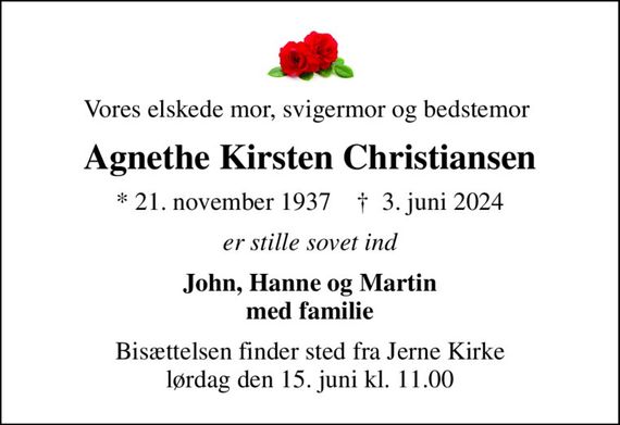 Agnethe Kirsten Christiansen | Dødsannoncer i Danmark