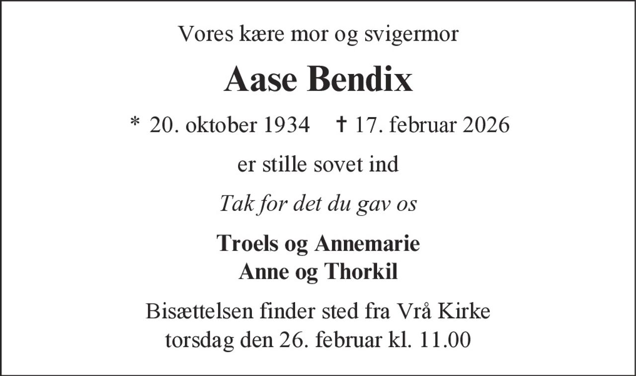 Aase Bendix | Danmarks største medie for mindesider og dødsannoncer