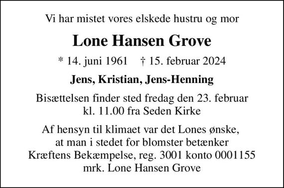 Lone Hansen Grove | Dødsannoncer i Danmark