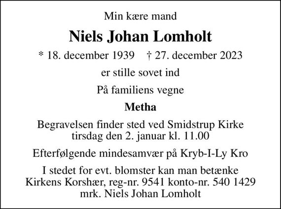 Niels Johan Lomholt | Dødsannoncer i Danmark