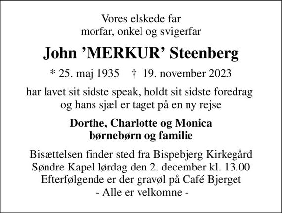John MERKUR Steenberg | Dødsannoncer i Danmark