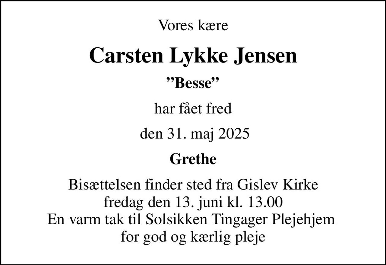 Carsten Lykke Jensen | Dødsannoncer i Danmark