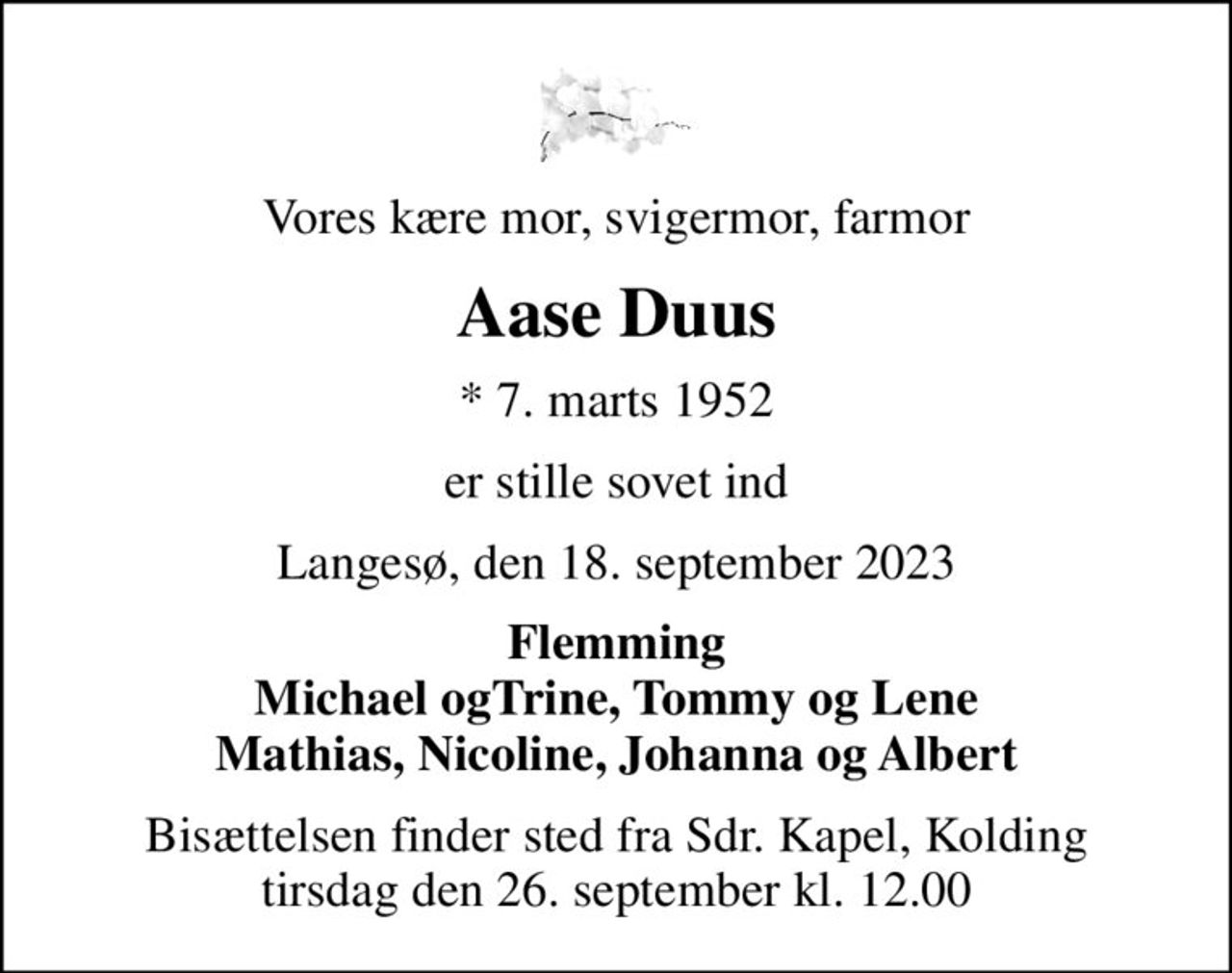 Aase Duus | Dødsannoncer i Danmark