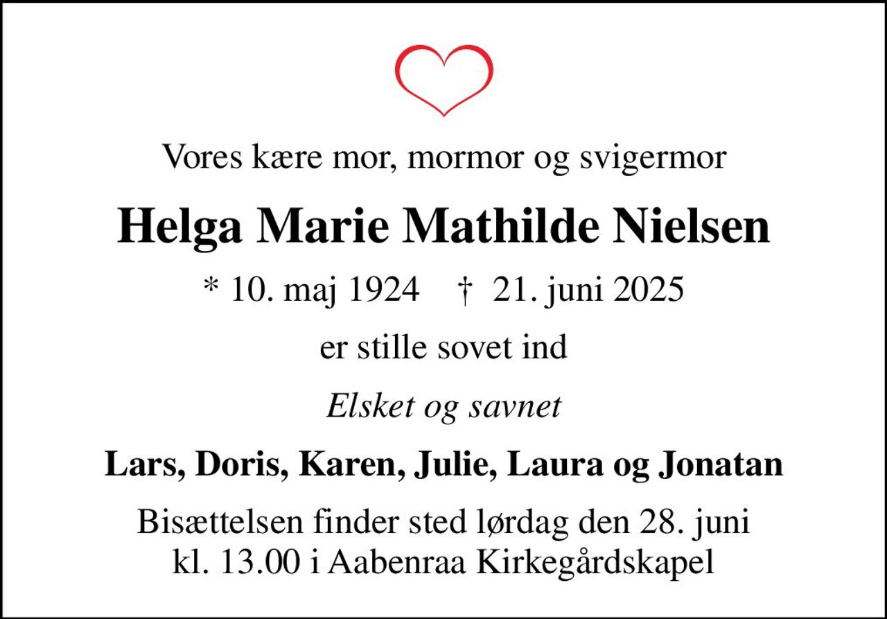 Helga Marie Mathilde Nielsen | Dødsannoncer i Danmark