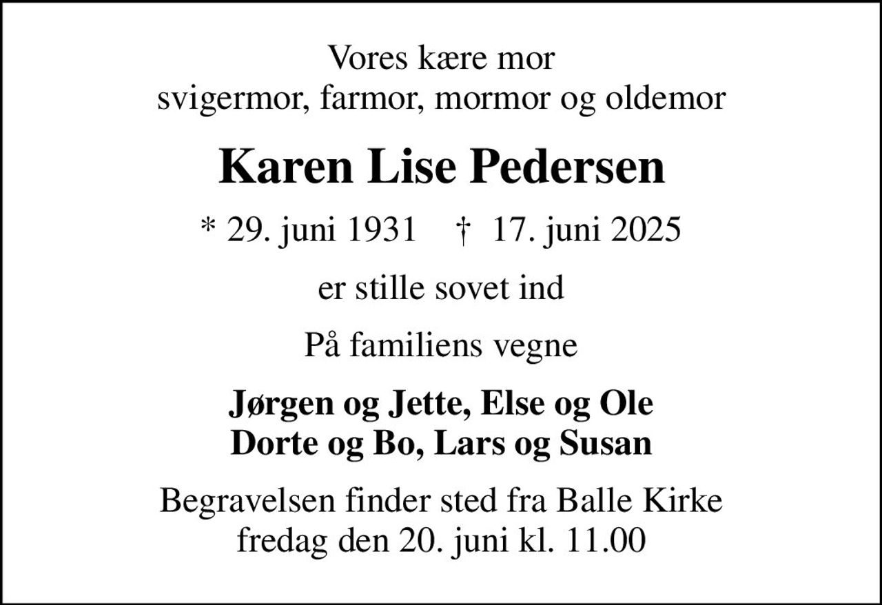 Karen Lise Pedersen | Danmarks største medie for mindesider og dødsannoncer