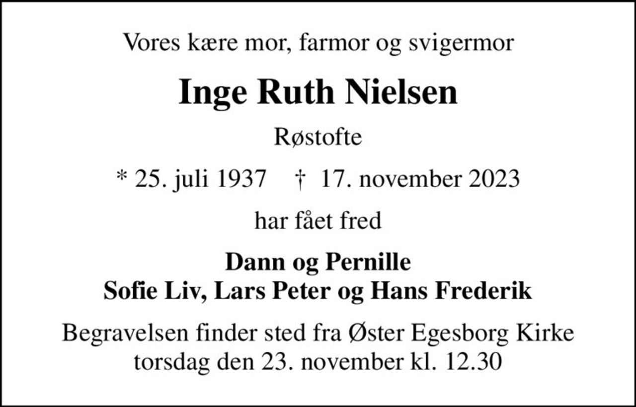 Inge Ruth Nielsen | Dødsannoncer i Danmark